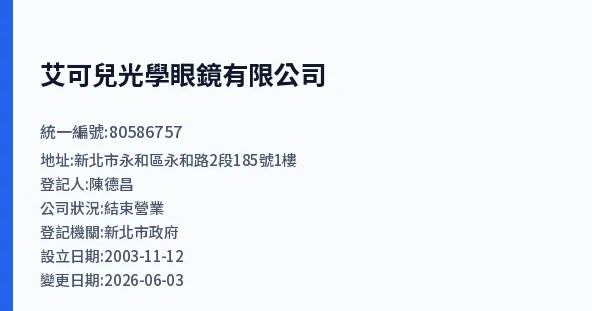 艾可兒光學眼鏡有限公司的照片-統編 80586757(新北市) 公司登記資料與營業項目詳細圖表