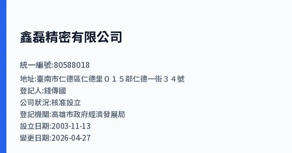 鑫磊精密有限公司的照片-統編 80588018(臺南市) 公司登記資料與營業項目詳細圖表