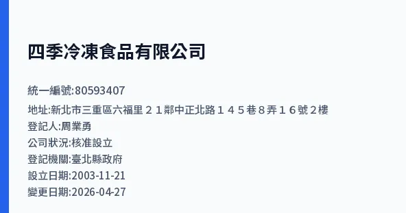 四季冷凍食品有限公司的照片-統編 80593407(新北市) 公司登記資料與營業項目詳細圖表