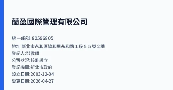 蘭盈國際管理有限公司的照片-統編 80596805(新北市) 公司登記資料與營業項目詳細圖表