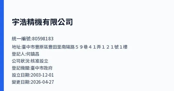 宇浩精機有限公司的照片-統編 80598183(臺中市) 公司登記資料與營業項目詳細圖表