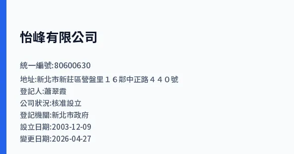 怡峰有限公司的照片-統編 80600630(新北市) 公司登記資料與營業項目詳細圖表