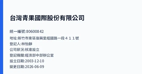 台灣青果國際股份有限公司的照片-統編 80600842(新竹市) 公司登記資料與營業項目詳細圖表