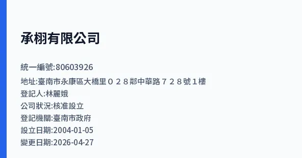 承栩有限公司的照片-統編 80603926(臺南市) 公司登記資料與營業項目詳細圖表