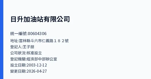 日升加油站有限公司的照片-統編 80604306(雲林縣) 公司登記資料與營業項目詳細圖表