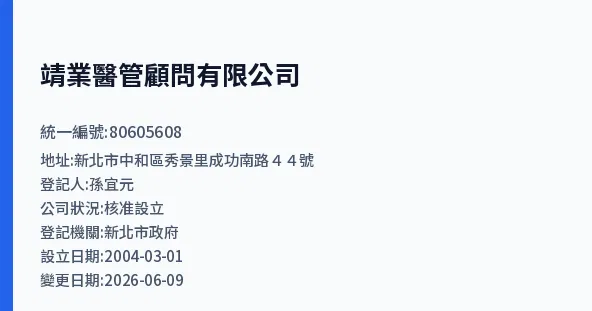 靖業醫管顧問有限公司的照片-統編 80605608(新北市) 公司登記資料與營業項目詳細圖表