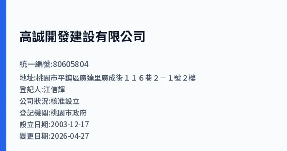 高誠開發建設有限公司的照片-統編 80605804(桃園市) 公司登記資料與營業項目詳細圖表