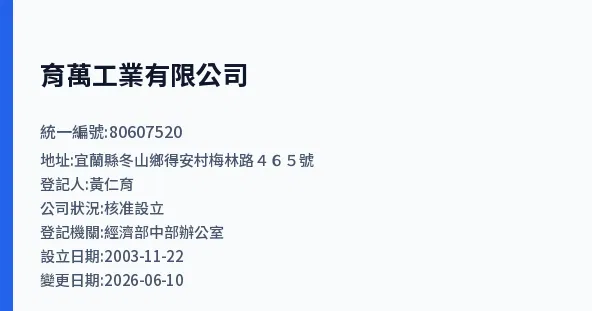 育萬工業有限公司的照片-統編 80607520(宜蘭縣) 公司登記資料與營業項目詳細圖表