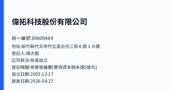 偉拓科技股份有限公司的照片-統編 80609484(新竹縣) 公司登記資料與營業項目詳細圖表