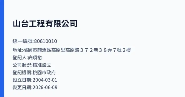山台工程有限公司的照片-統編 80610010(桃園市) 公司登記資料與營業項目詳細圖表