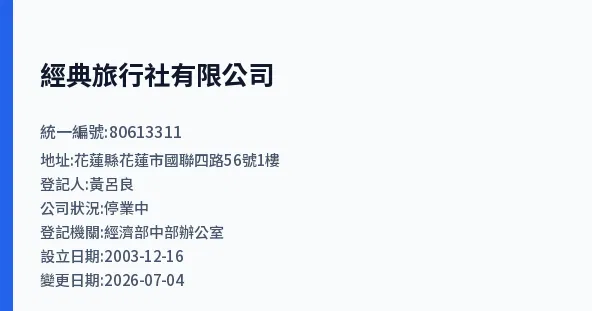 經典旅行社有限公司的照片-統編 80613311(花蓮縣) 公司登記資料與營業項目詳細圖表