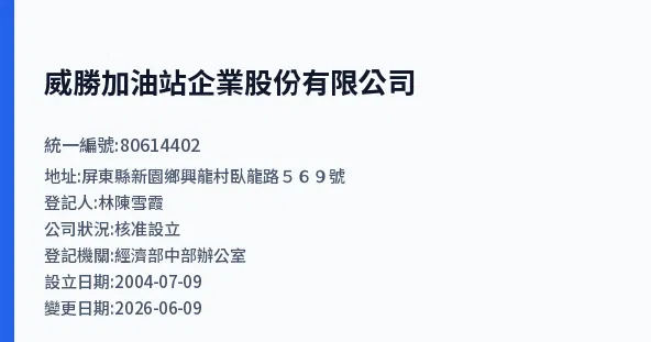 威勝加油站企業股份有限公司的照片-統編 80614402(屏東縣) 公司登記資料與營業項目詳細圖表