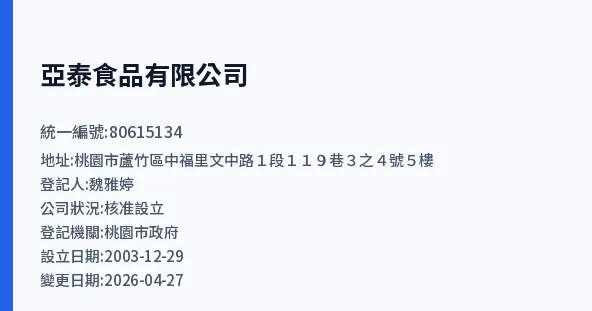 亞泰食品有限公司的照片-統編 80615134(桃園市) 公司登記資料與營業項目詳細圖表