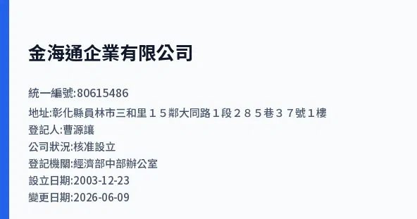 金海通企業有限公司的照片-統編 80615486(彰化縣) 公司登記資料與營業項目詳細圖表