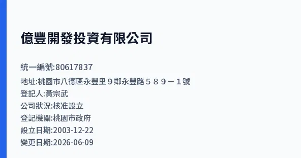 億豐開發投資有限公司的照片-統編 80617837(桃園市) 公司登記資料與營業項目詳細圖表