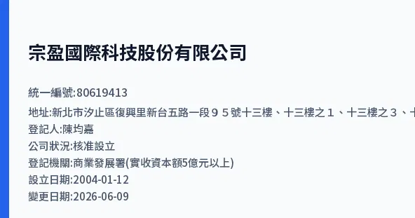 宗盈國際科技股份有限公司的照片-統編 80619413(新北市) 公司登記資料與營業項目詳細圖表