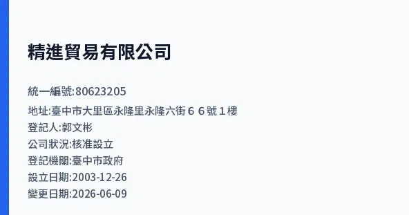 精進貿易有限公司的照片-統編 80623205(臺中市) 公司登記資料與營業項目詳細圖表