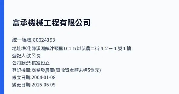 富承機械工程有限公司的照片-統編 80624393(彰化縣) 公司登記資料與營業項目詳細圖表