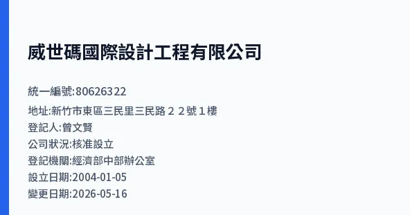 威世碼國際設計工程有限公司的照片-統編 80626322(新竹市) 公司登記資料與營業項目詳細圖表