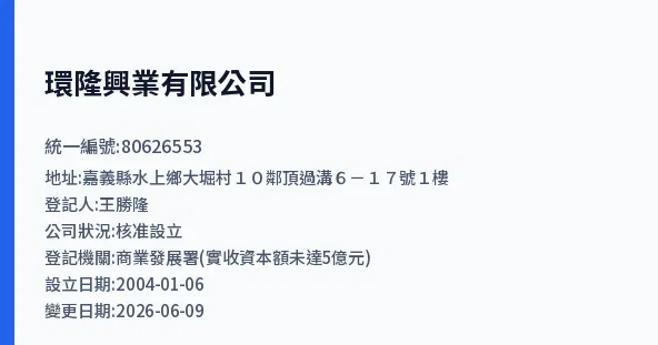 環隆興業有限公司的照片-統編 80626553(嘉義縣) 公司登記資料與營業項目詳細圖表