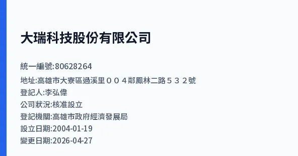 大瑞科技股份有限公司的照片-統編 80628264(高雄市) 公司登記資料與營業項目詳細圖表