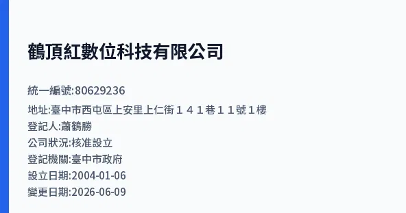 鶴頂紅數位科技有限公司的照片-統編 80629236(臺中市) 公司登記資料與營業項目詳細圖表