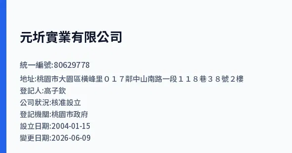 元圻實業有限公司的照片-統編 80629778(桃園市) 公司登記資料與營業項目詳細圖表