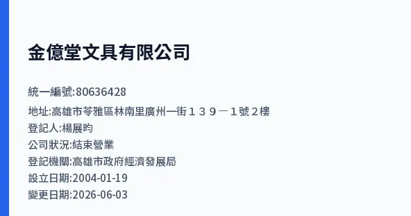 金億堂文具有限公司的照片-統編 80636428(高雄市) 公司登記資料與營業項目詳細圖表