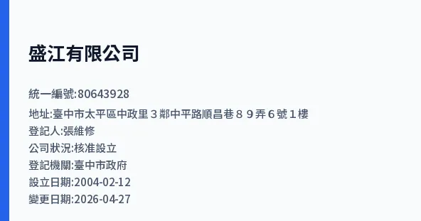 盛江有限公司的照片-統編 80643928(臺中市) 公司登記資料與營業項目詳細圖表