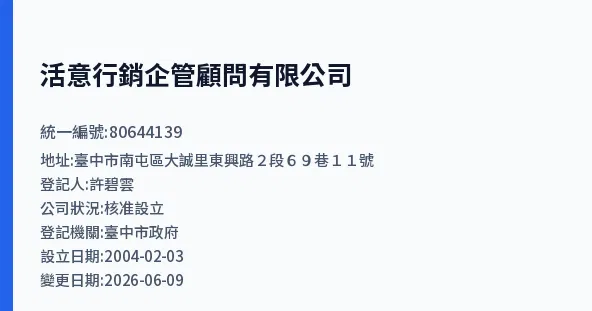 活意行銷企管顧問有限公司的照片-統編 80644139(臺中市) 公司登記資料與營業項目詳細圖表