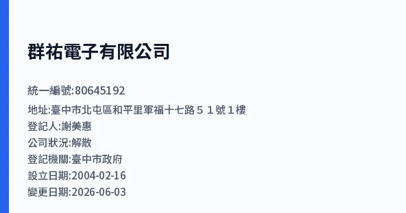 群祐電子有限公司的照片-統編 80645192(臺中市) 公司登記資料與營業項目詳細圖表