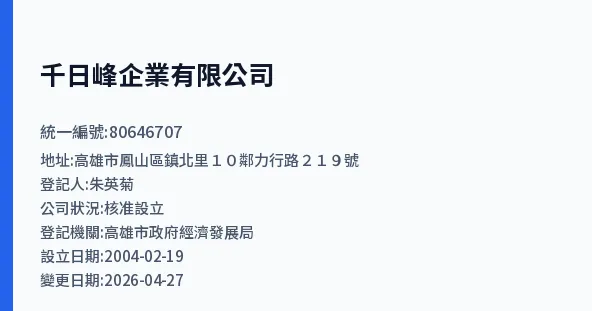 千日峰企業有限公司的照片-統編 80646707(高雄市) 公司登記資料與營業項目詳細圖表