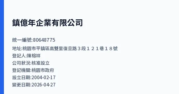 鎮億年企業有限公司的照片-統編 80648775(桃園市) 公司登記資料與營業項目詳細圖表