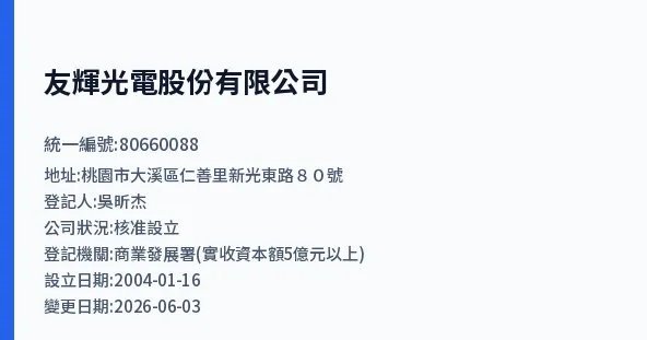 友輝光電股份有限公司的照片-統編 80660088(桃園市) 公司登記資料與營業項目詳細圖表