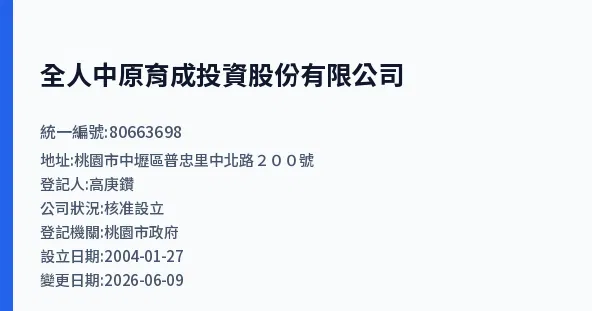 全人中原育成投資股份有限公司的照片-統編 80663698(桃園市) 公司登記資料與營業項目詳細圖表