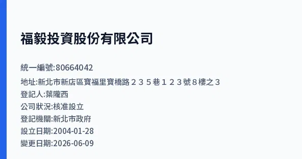 福毅投資股份有限公司的照片-統編 80664042(新北市) 公司登記資料與營業項目詳細圖表
