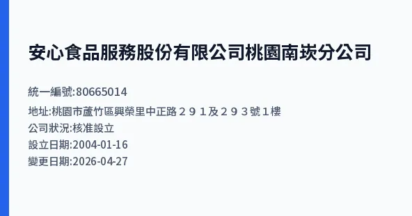 安心食品服務股份有限公司桃園南崁分公司的照片-統編 80665014(桃園市) 公司登記資料與營業項目詳細圖表
