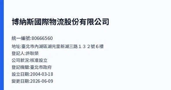 博納斯國際物流股份有限公司的照片-統編 80666560(臺北市) 公司登記資料與營業項目詳細圖表