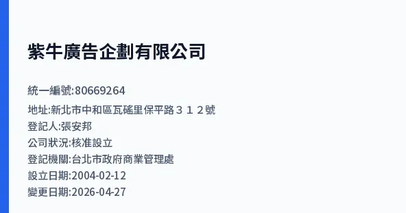 紫牛廣告企劃有限公司的照片-統編 80669264(新北市) 公司登記資料與營業項目詳細圖表