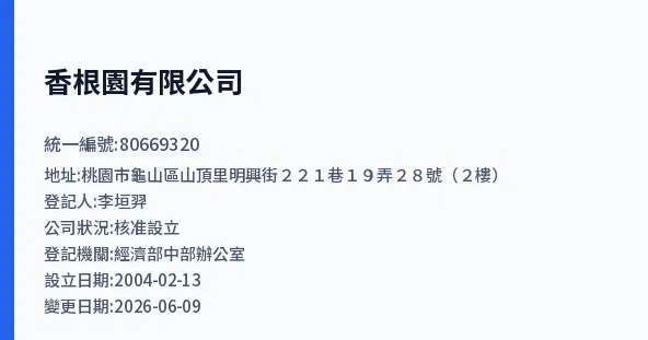 香根園有限公司的照片-統編 80669320(桃園市) 公司登記資料與營業項目詳細圖表