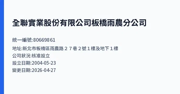 全聯實業股份有限公司板橋雨農分公司的照片-統編 80669861(新北市) 公司登記資料與營業項目詳細圖表