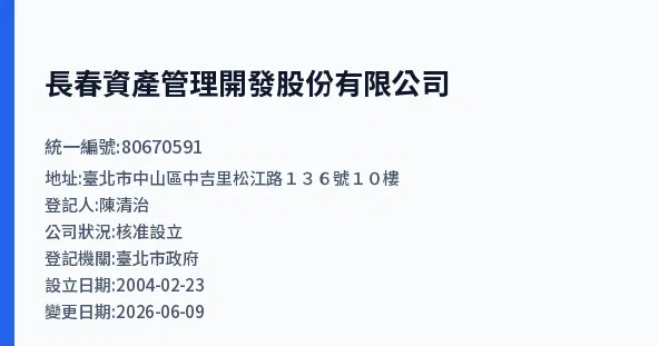 長春資產管理開發股份有限公司的照片-統編 80670591(臺北市) 公司登記資料與營業項目詳細圖表