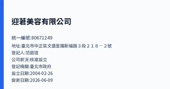 迎莙美容有限公司的照片-統編 80671249(臺北市) 公司登記資料與營業項目詳細圖表
