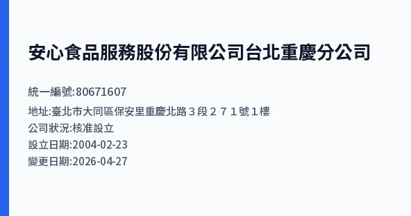 安心食品服務股份有限公司台北重慶分公司的照片-統編 80671607(臺北市) 公司登記資料與營業項目詳細圖表