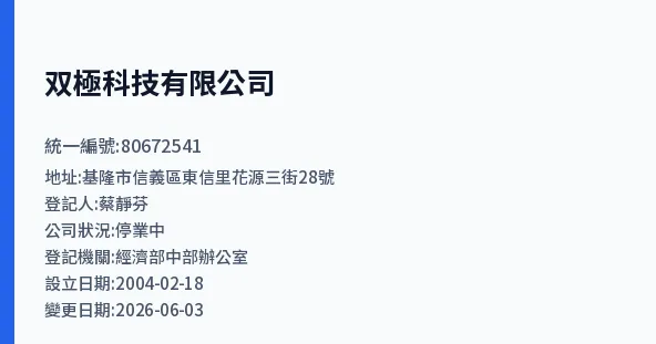 双極科技有限公司的照片-統編 80672541(基隆市) 公司登記資料與營業項目詳細圖表