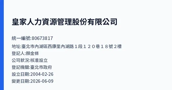 皇家人力資源管理股份有限公司的照片-統編 80673817(臺北市) 公司登記資料與營業項目詳細圖表