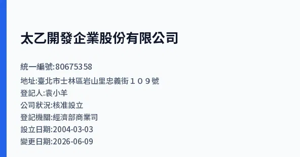 太乙開發企業股份有限公司的照片-統編 80675358(臺北市) 公司登記資料與營業項目詳細圖表