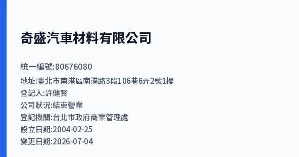 奇盛汽車材料有限公司的照片-統編 80676080(臺北市) 公司登記資料與營業項目詳細圖表