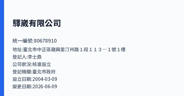 驛崴有限公司的照片-統編 80678910(臺北市) 公司登記資料與營業項目詳細圖表