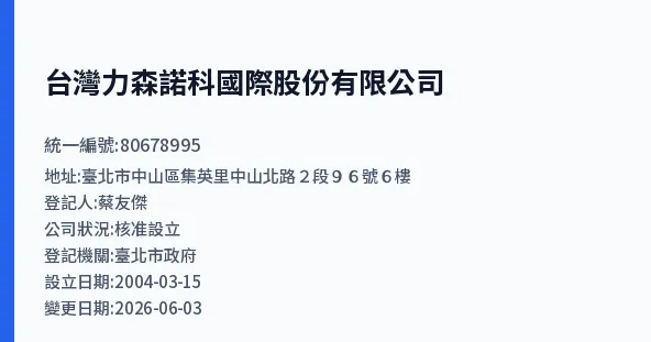 台灣力森諾科國際股份有限公司的照片-統編 80678995(臺北市) 公司登記資料與營業項目詳細圖表